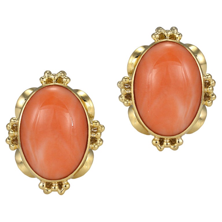Yellow Gold Coral Cabochon Earrings For Sale at 1stDibs