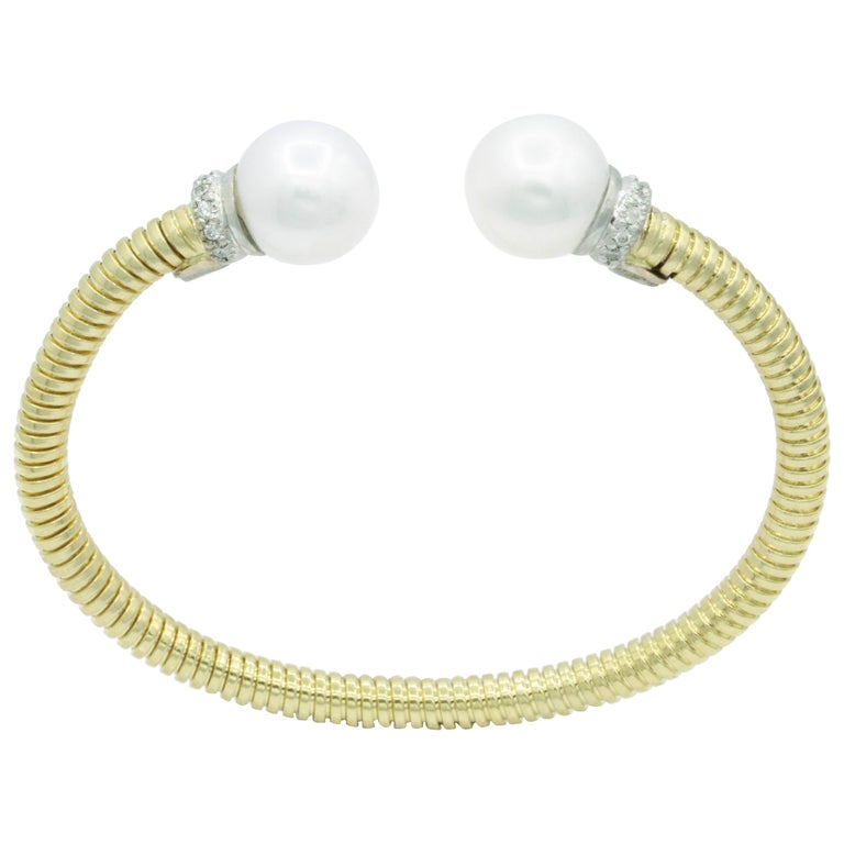 Yellow Gold Cuff Bangle Bracelet with Freshwater Cultured Pearls and ...