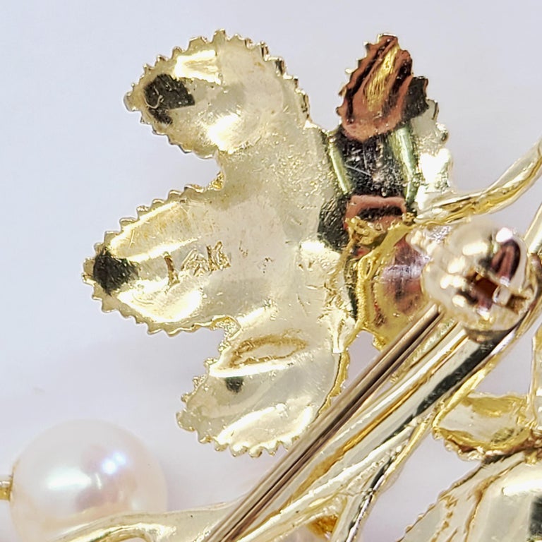 Yellow Gold Cultured Pearl Branch Pin For Sale at 1stDibs
