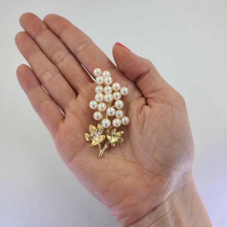 Yellow Gold Cultured Pearl Branch Pin For Sale at 1stDibs
