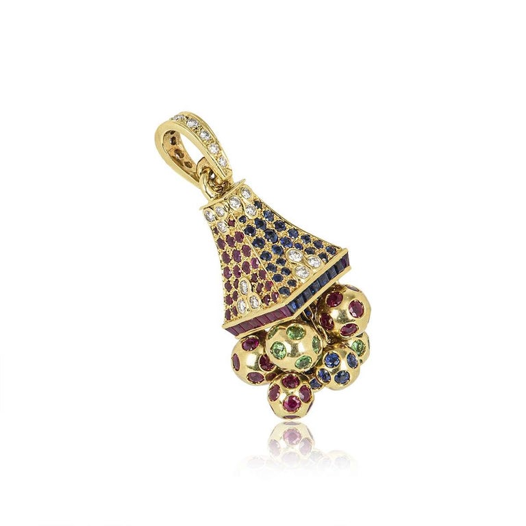Yellow Gold Diamond and Multi-Gemstones Bell Pendant at 1stDibs