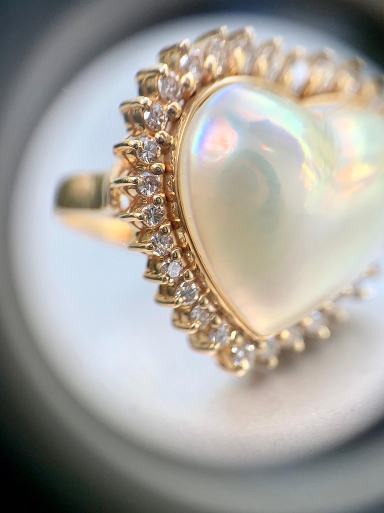 Yellow Gold Diamond and Pearl Large Heart Ring For Sale at 1stDibs