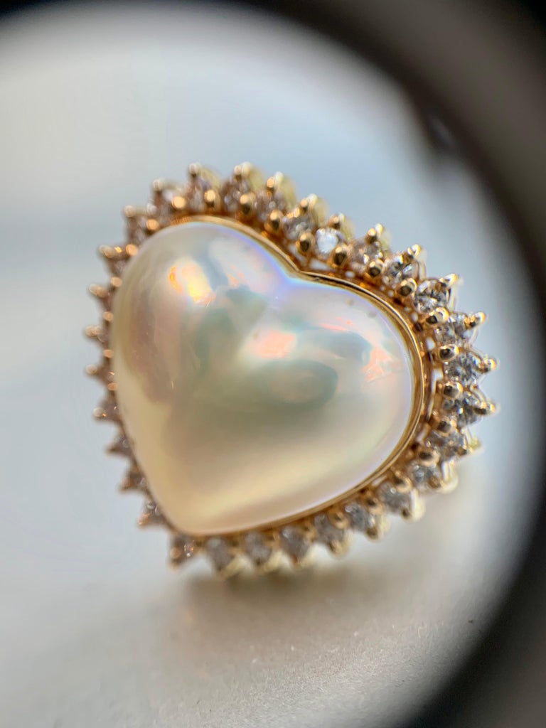 Yellow Gold Diamond and Pearl Large Heart Ring For Sale at 1stDibs