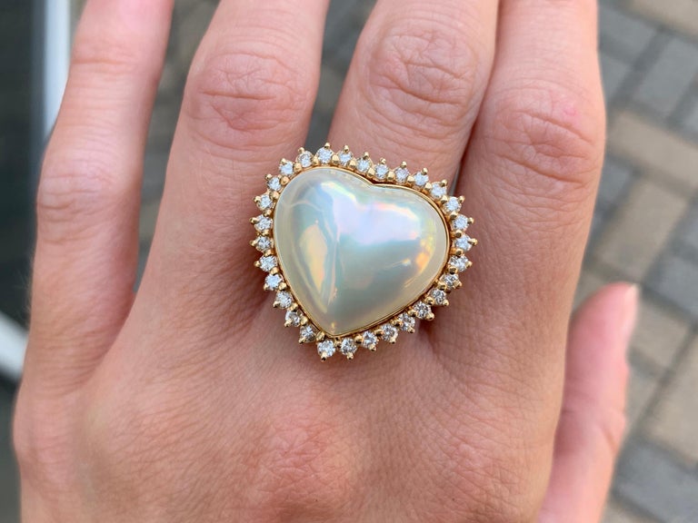 Yellow Gold Diamond and Pearl Large Heart Ring For Sale at 1stDibs