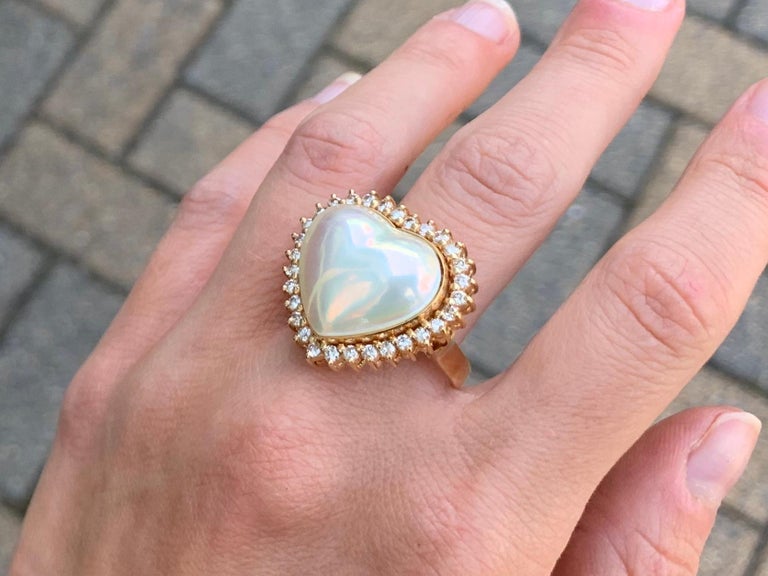 Yellow Gold Diamond and Pearl Large Heart Ring For Sale at 1stDibs