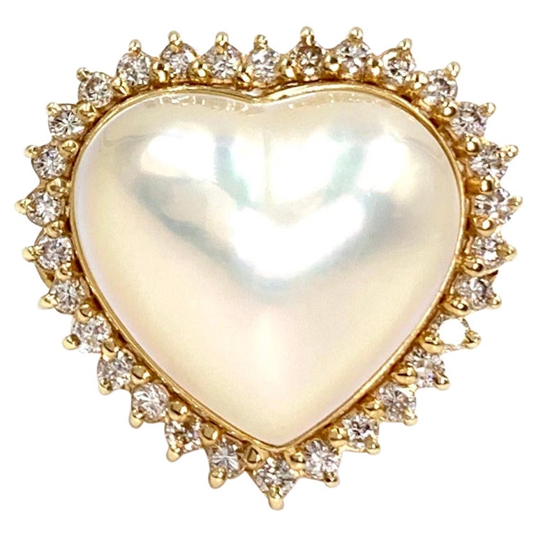 Yellow Gold Diamond and Pearl Large Heart Ring For Sale at 1stDibs