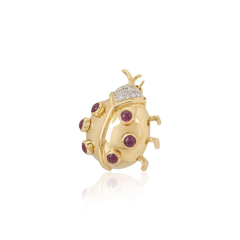 Yellow Gold Diamond and Ruby Ladybird Brooch For Sale at 1stDibs