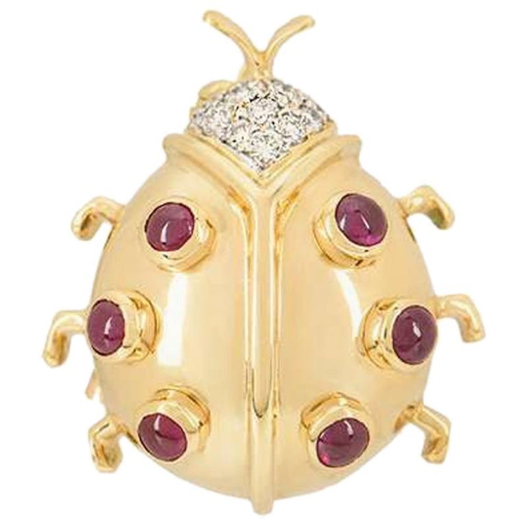 Yellow Gold Diamond and Ruby Ladybird Brooch For Sale at 1stDibs