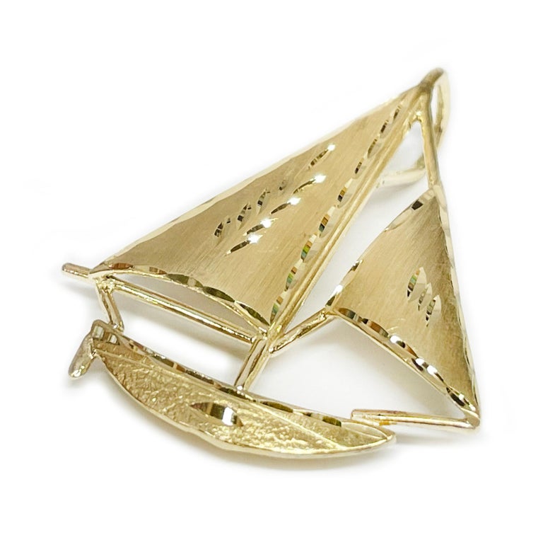 Yellow Gold Diamond-Cut Sail Boat Pendant For Sale at 1stDibs