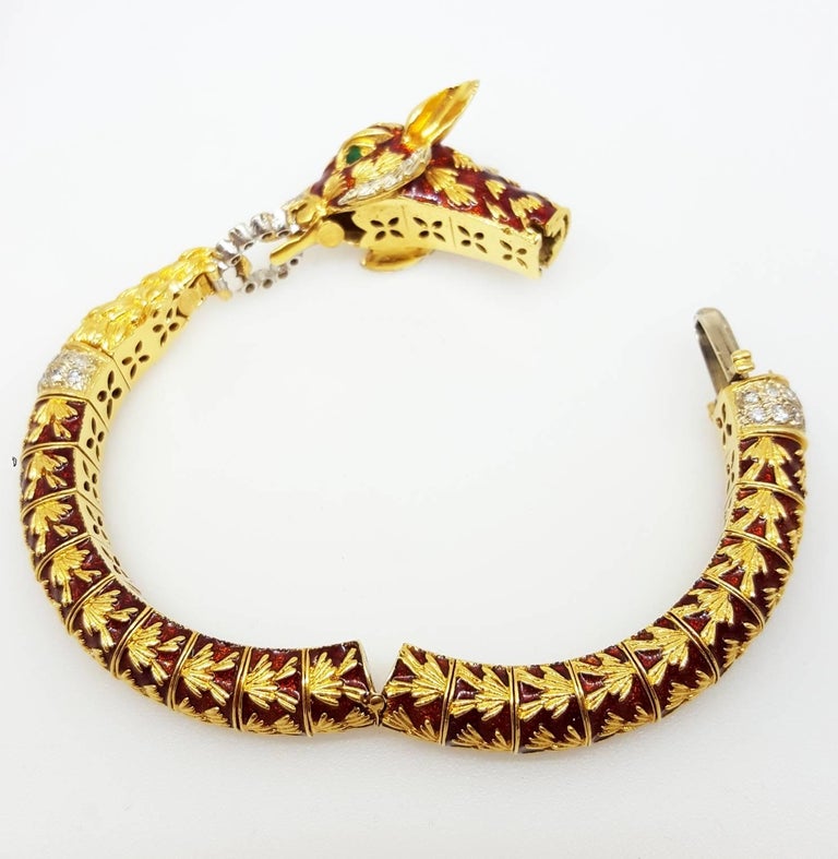 Yellow Gold Diamond Enamel Fox Bracelet at 1stDibs