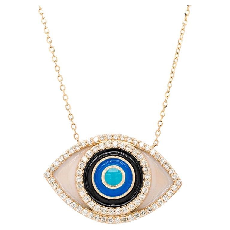 Yellow Gold Diamond Pave Enamel Evil Eye Pendant Necklace 14 Karat in Stock For Sale at 1stDibs
