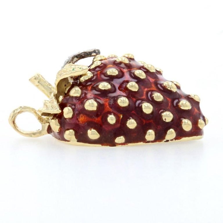 Gold Diamond and Red Enamel Strawberry Pendant, 18 Karat Round Cut .12 ...