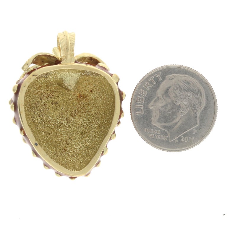 Gold Diamond and Red Enamel Strawberry Pendant, 18 Karat Round Cut .12 ...