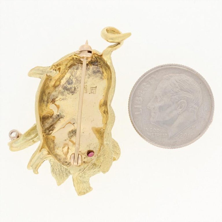 Yellow Gold Diamond and Ruby Pig Brooch, 18 Karat Round Cut Accents ...