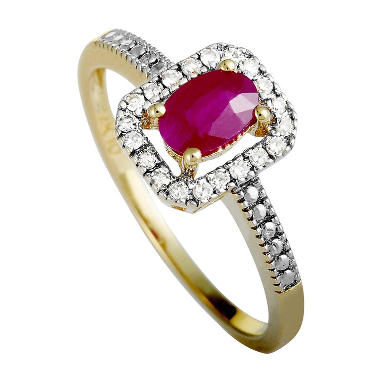 Yellow Gold Diamonds and Ruby Small Rectangle Ring at 1stDibs