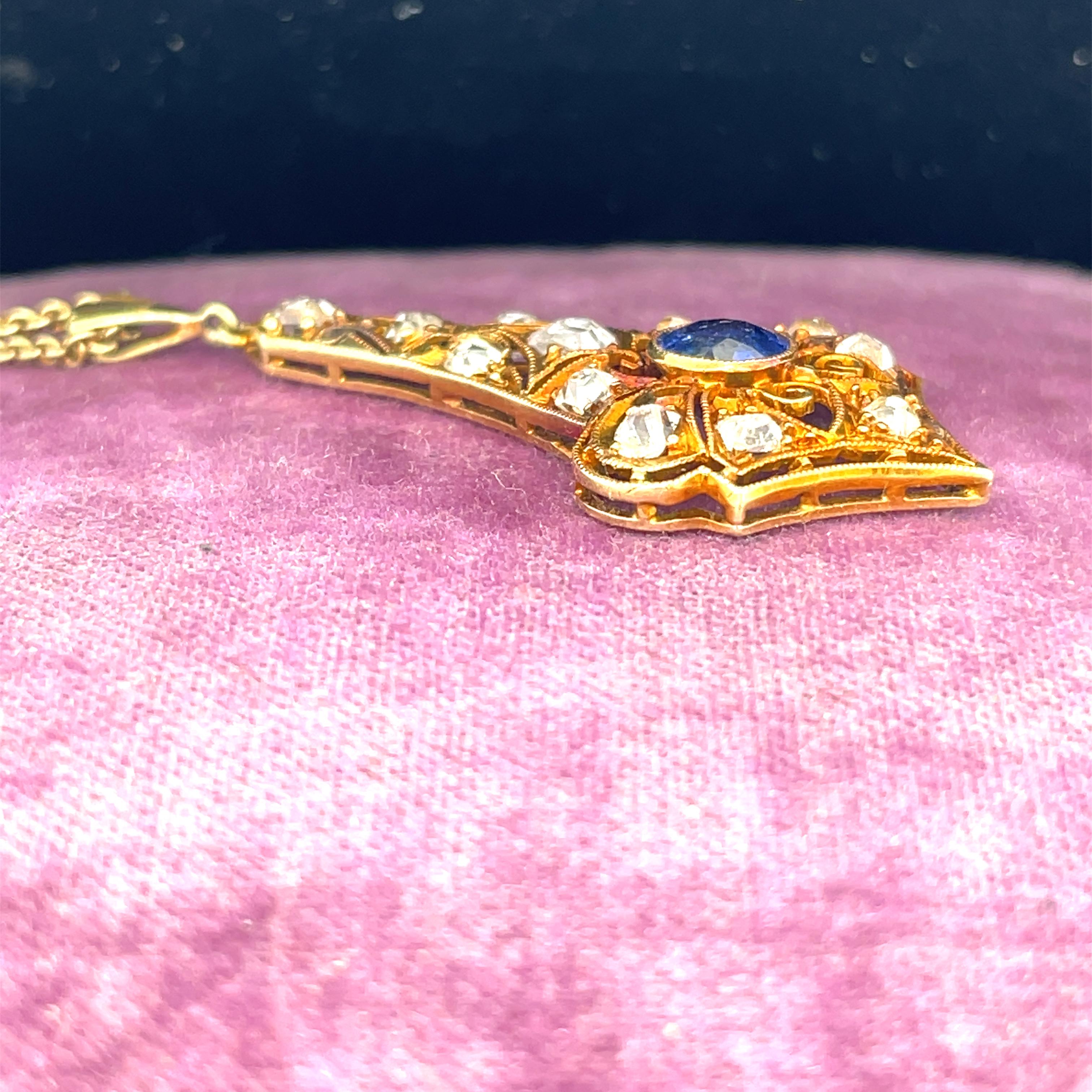 Yellow Gold Edwardian Sapphire and Old Miner Cut Diamond Pendant and ...
