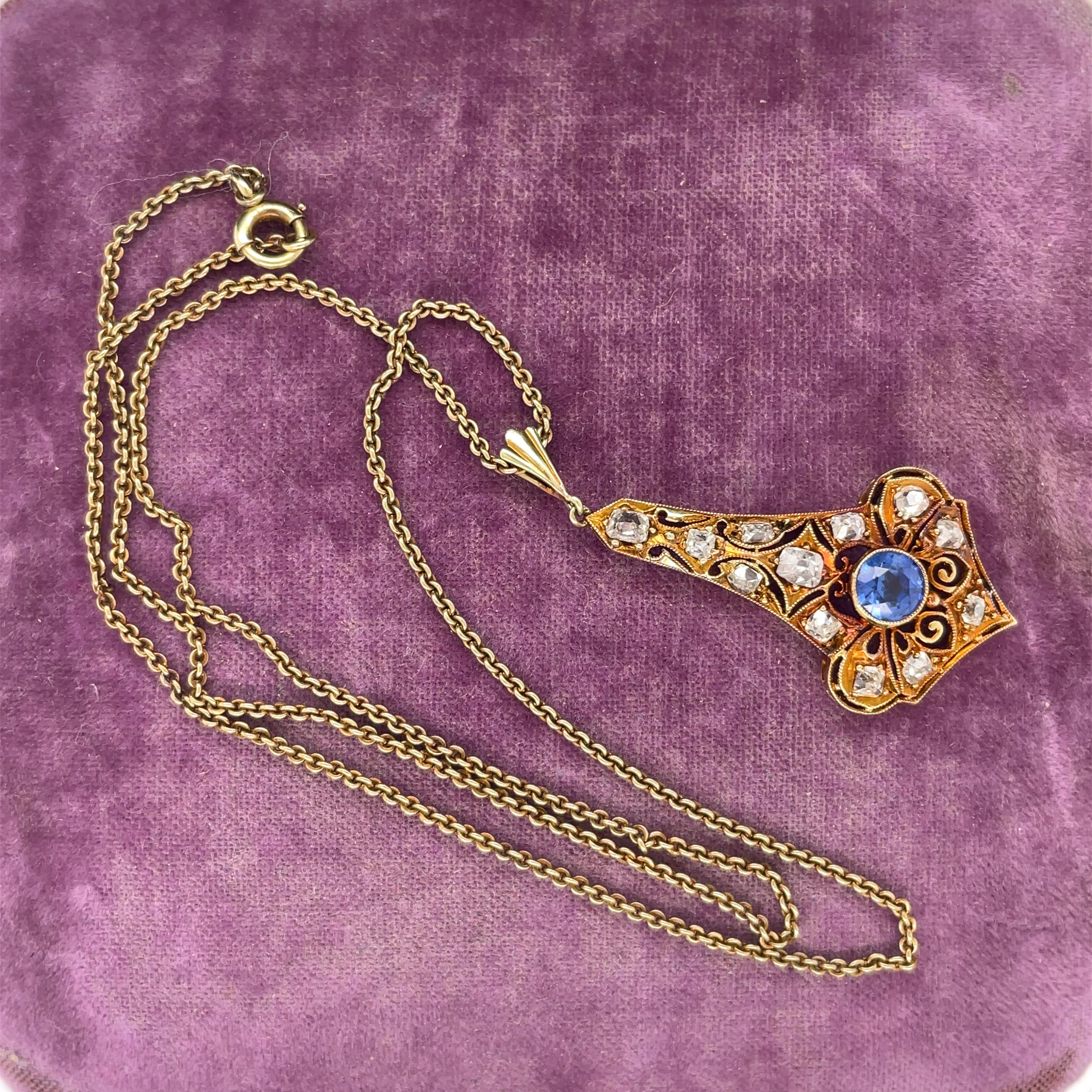 Yellow Gold Edwardian Sapphire and Old Miner Cut Diamond Pendant and ...