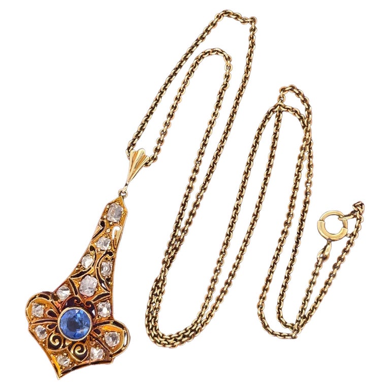 Yellow Gold Edwardian Sapphire and Old Miner Cut Diamond Pendant and ...