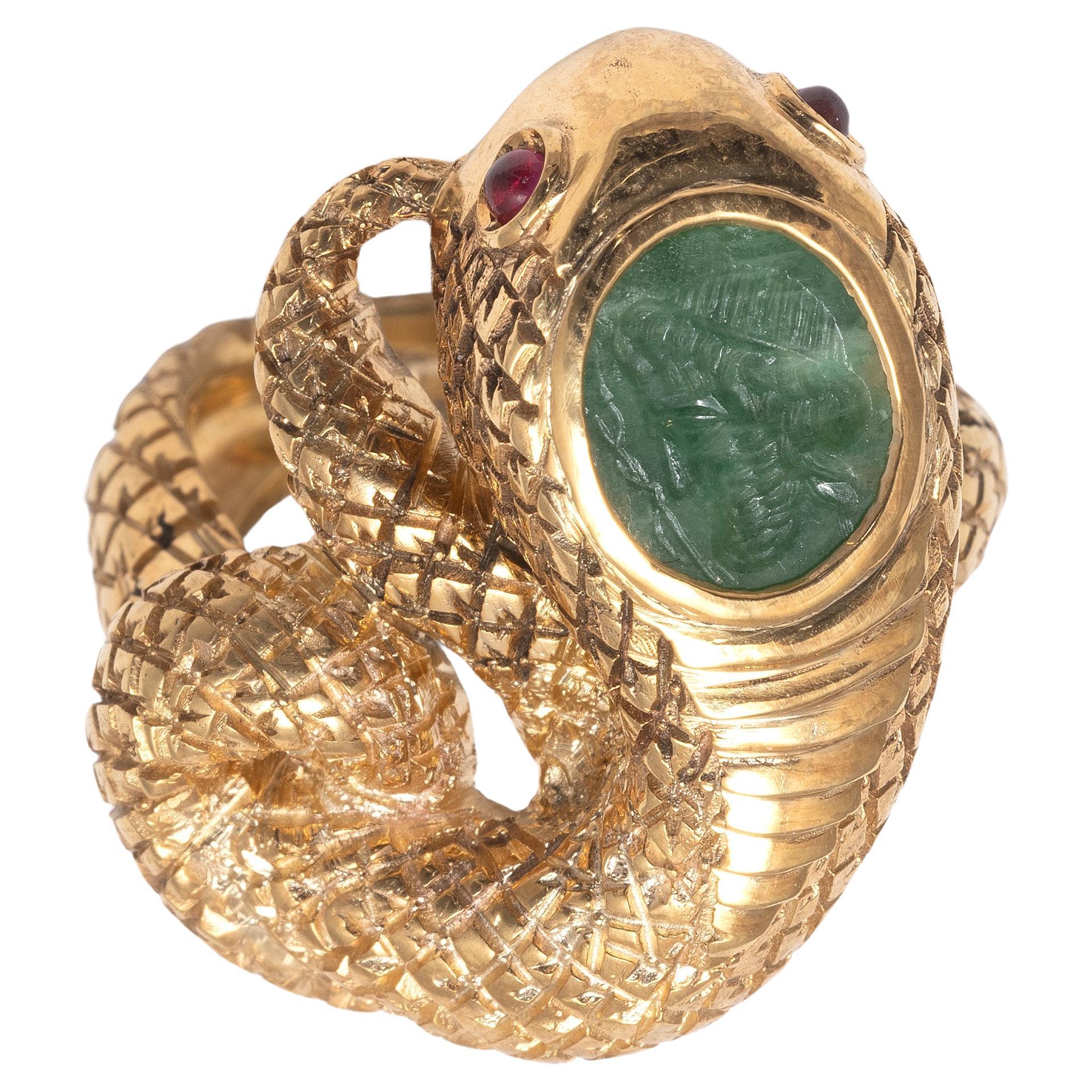 Yellow Gold Emerald Magical Intaglio Snake Ring For Sale at 1stDibs