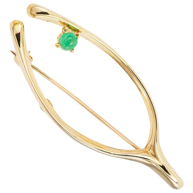Yellow Gold Emerald Wishbone Brooch at 1stDibs