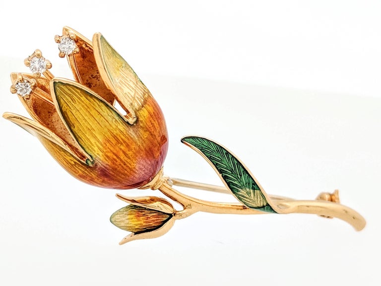 Yellow Gold Enamel Diamond Tulip Flower Brooch Pin at 1stDibs