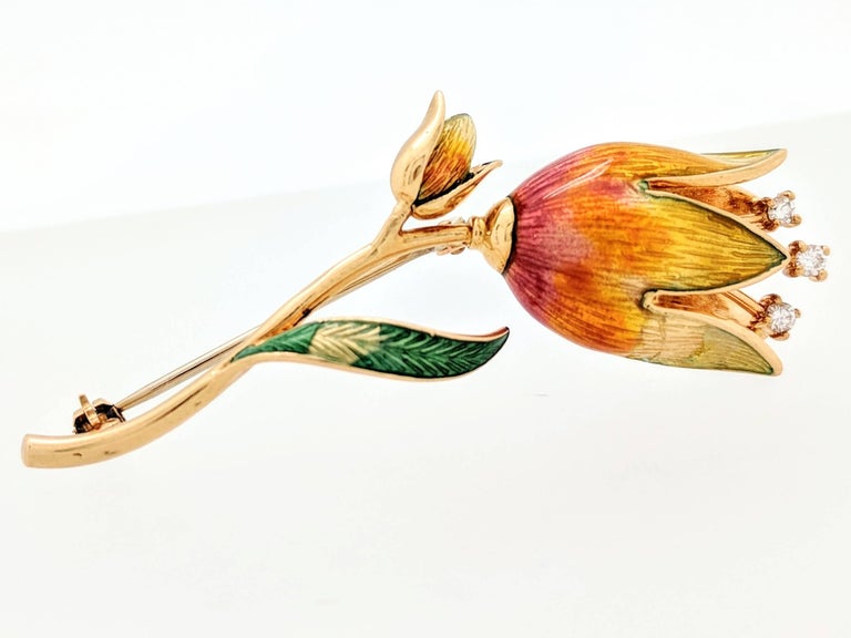 Yellow Gold Enamel Diamond Tulip Flower Brooch Pin at 1stDibs