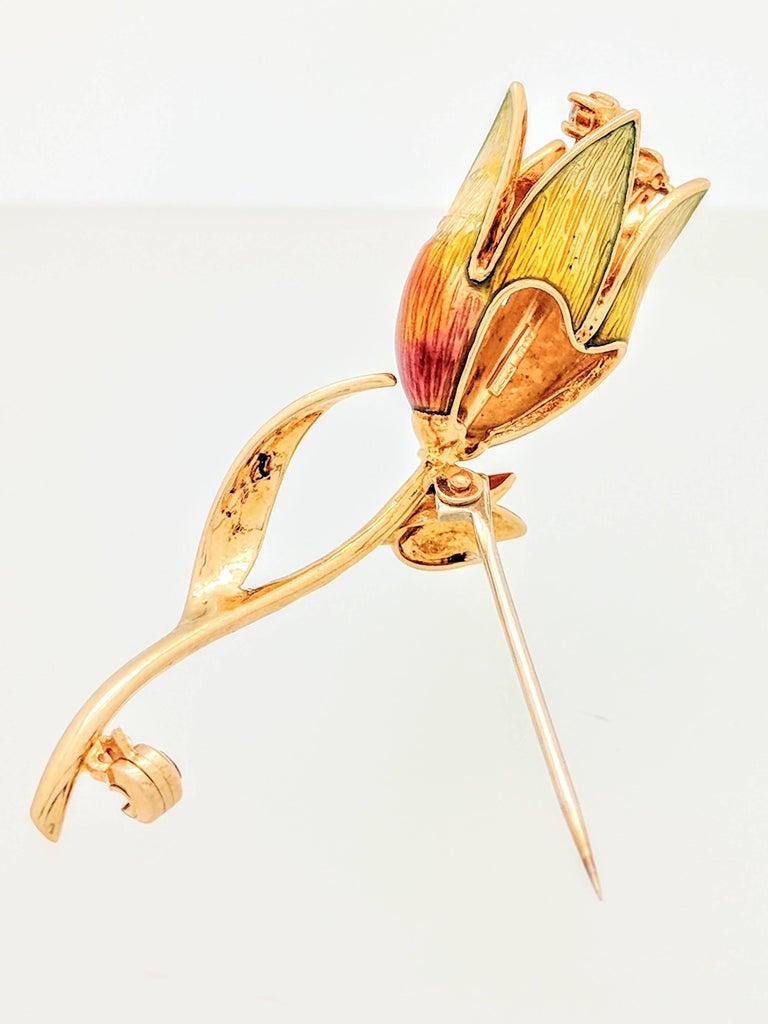 Yellow Gold Enamel Diamond Tulip Flower Brooch Pin at 1stDibs