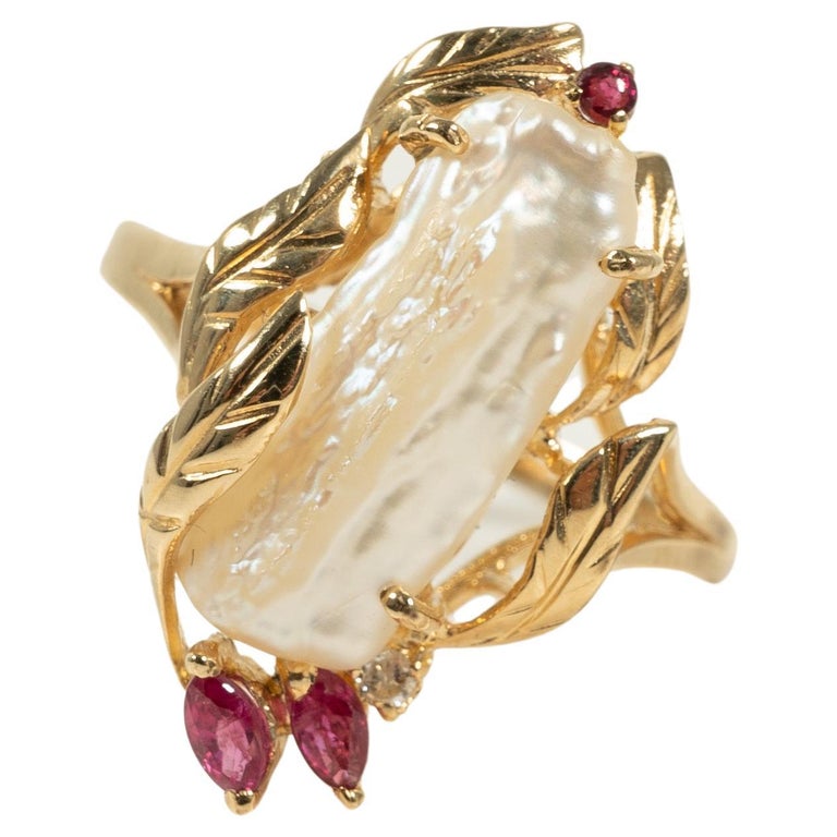 Yellow Gold Freshwater Pearl Ruby Diamond Ring For Sale at 1stDibs