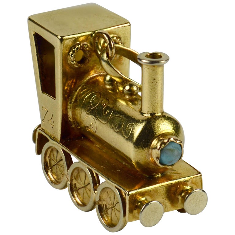 Yellow Gold Gemset Steam Train Engine Charm Pendant at 1stDibs