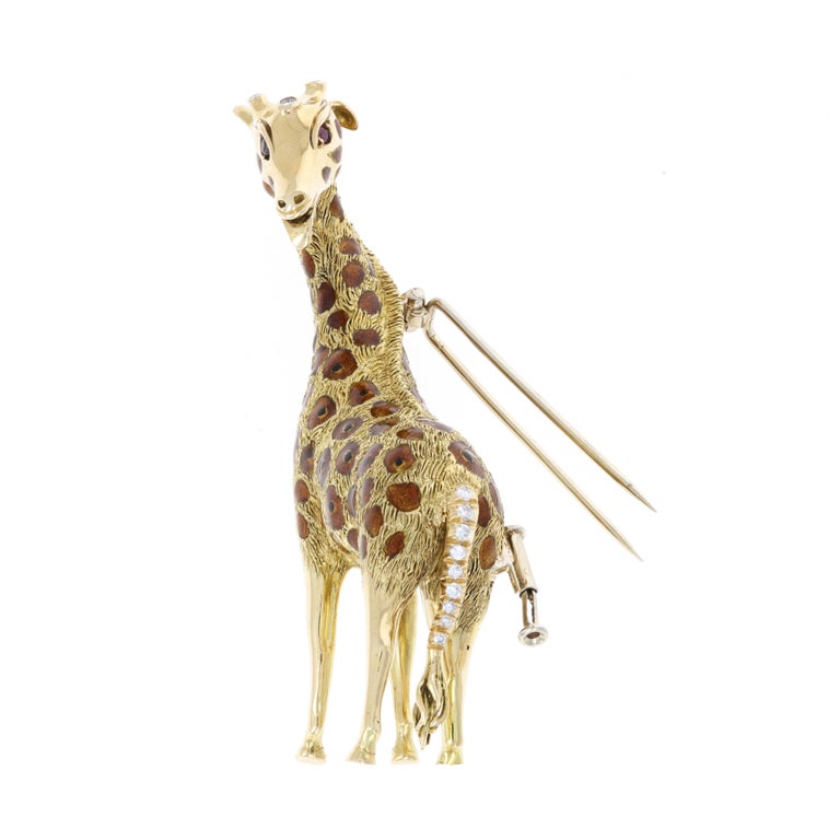 Yellow Gold Diamond and Ruby Giraffe Brooch For Sale at 1stDibs