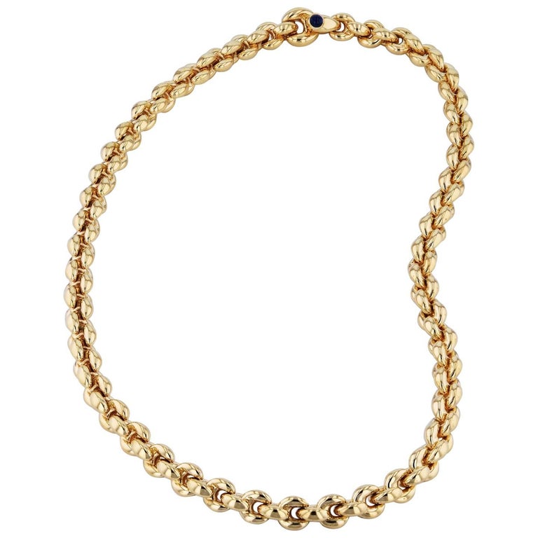Yellow Gold Italian Link Necklace with Sapphire Cabochon Clasp at 1stDibs