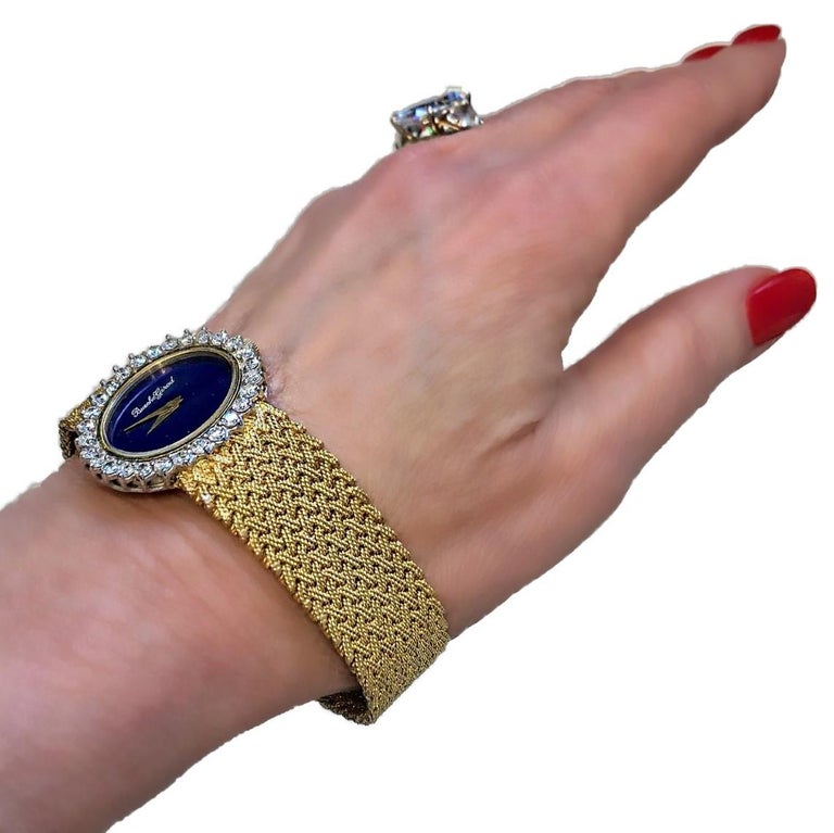 Yellow Gold Ladies Bueche Girod Watch with Oval Lapis Dial and Diamond ...