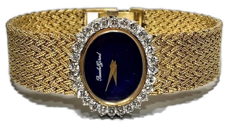 Yellow Gold Ladies Bueche Girod Watch with Oval Lapis Dial and Diamond ...