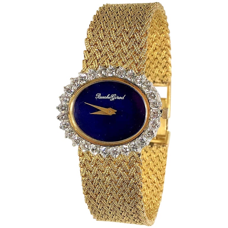 Yellow Gold Ladies Bueche Girod Watch with Oval Lapis Dial and Diamond ...
