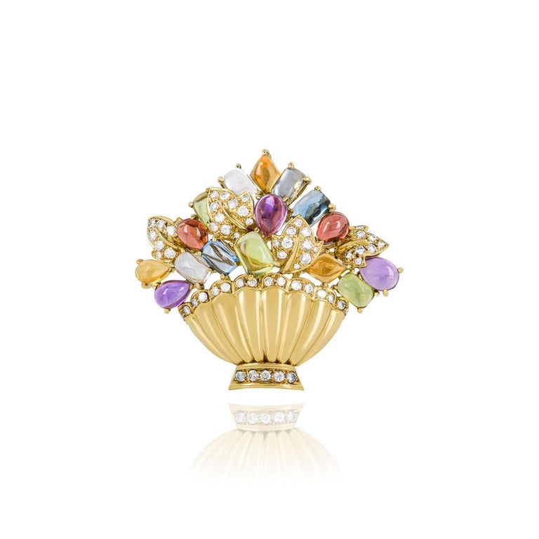 Yellow Gold Multi-Gem and Diamond Pendant Brooch at 1stDibs