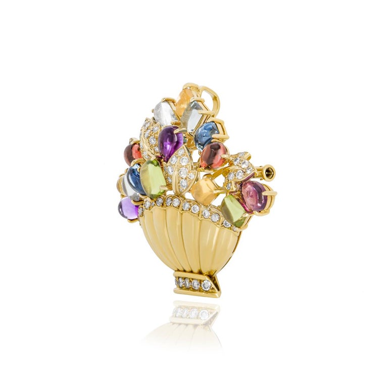 Yellow Gold Multi-Gem and Diamond Pendant Brooch at 1stDibs