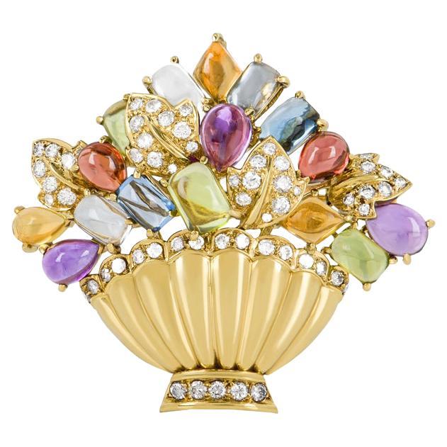 Victorian Multi Gem Stone Gold Crown Brooch For Sale at 1stDibs