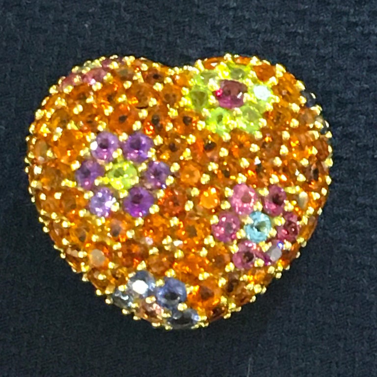 Yellow Gold Multi-Gemstones Heart Pendant or Brooch at 1stDibs