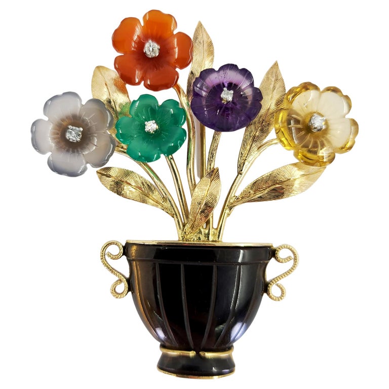 Yellow Gold Multicolor Gemstone Flower Pot Pin For Sale at 1stDibs