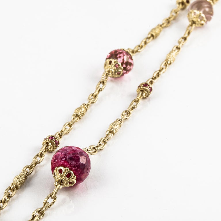 Ruby and Rose Quartz Bead Necklace in 18K Yellow Gold For Sale at 1stDibs