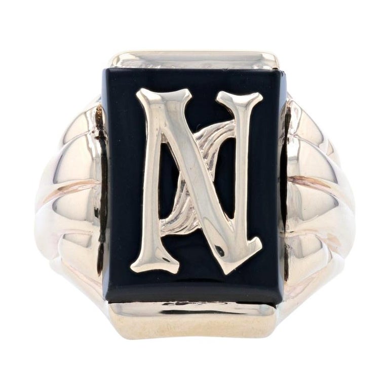 Yellow Gold Onyx Vintage Initial N Men's Signet Ring, 10k Monogram ...
