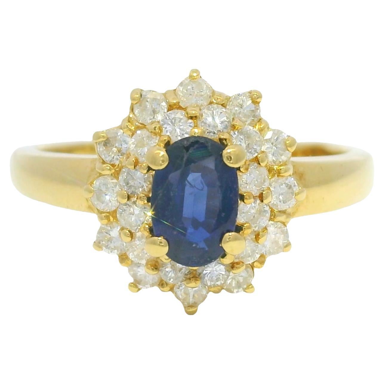 Vintage Estate 18K Yellow Gold Sapphire and Diamond Halo Engagement ...
