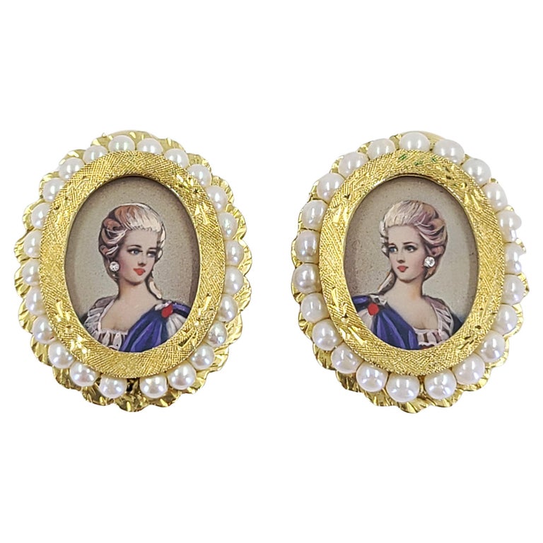Yellow Gold Painted Portrait and Pearl Earrings For Sale at 1stDibs