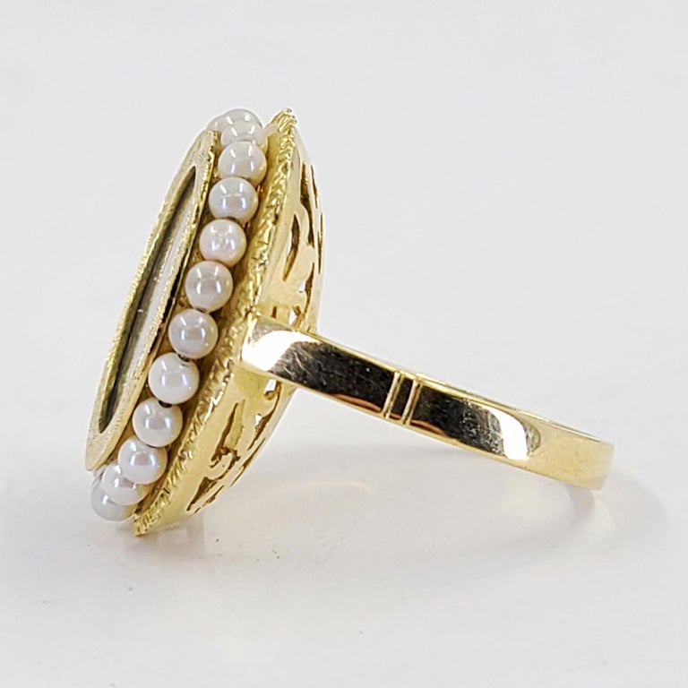Yellow Gold Painted Portrait and Pearl Ring For Sale at 1stDibs