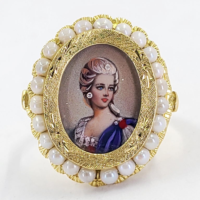 Yellow Gold Painted Portrait and Pearl Ring For Sale at 1stDibs