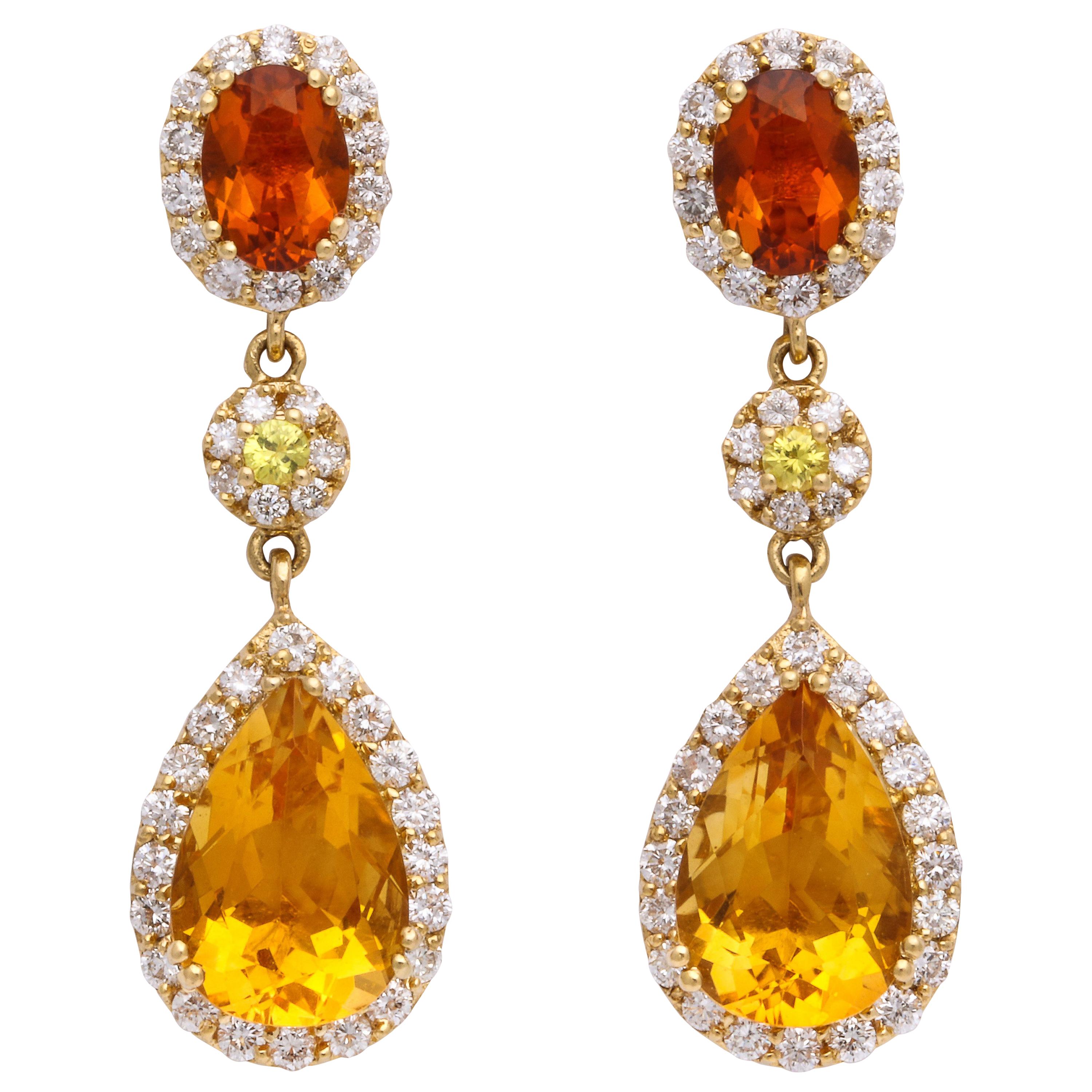Yellow Gold, Pear Shape Citrine and Diamond Pendant Earrings For Sale ...