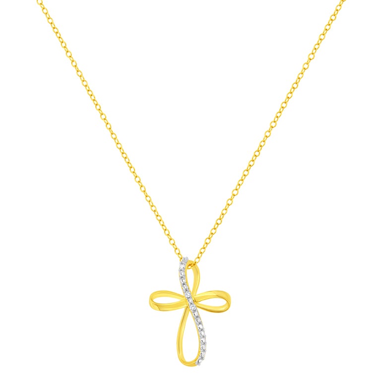 Yellow Gold Plated Sterling Silver Diamond Accent Cross Ribbon Pendant ...