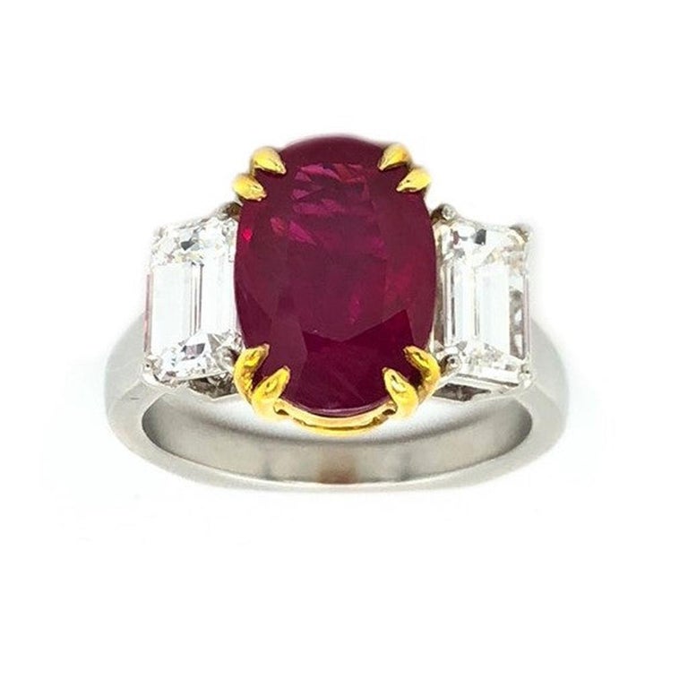 Yellow Gold Platinum 4.13 Carat Burma "Pigeon Blood" Ruby Ring GIA Certified For Sale at 1stDibs