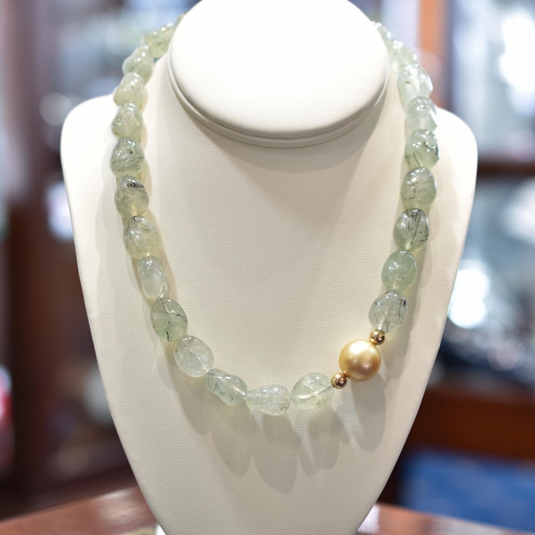 Yellow Gold, Prehnite and Golden South Sea Pearl Necklace with Magnetic ...