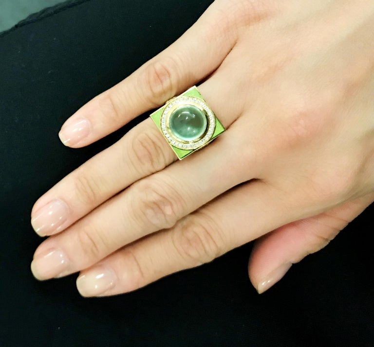 Yellow Gold Prehnite Green Enamel Diamond Ring For Sale at 1stDibs